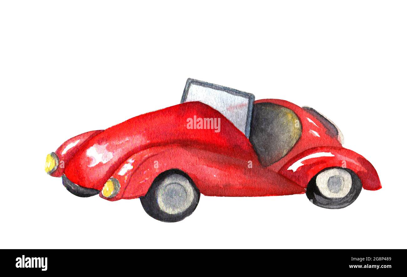 watercolor hand draw red retro cabriolet car Stock Photo - Alamy