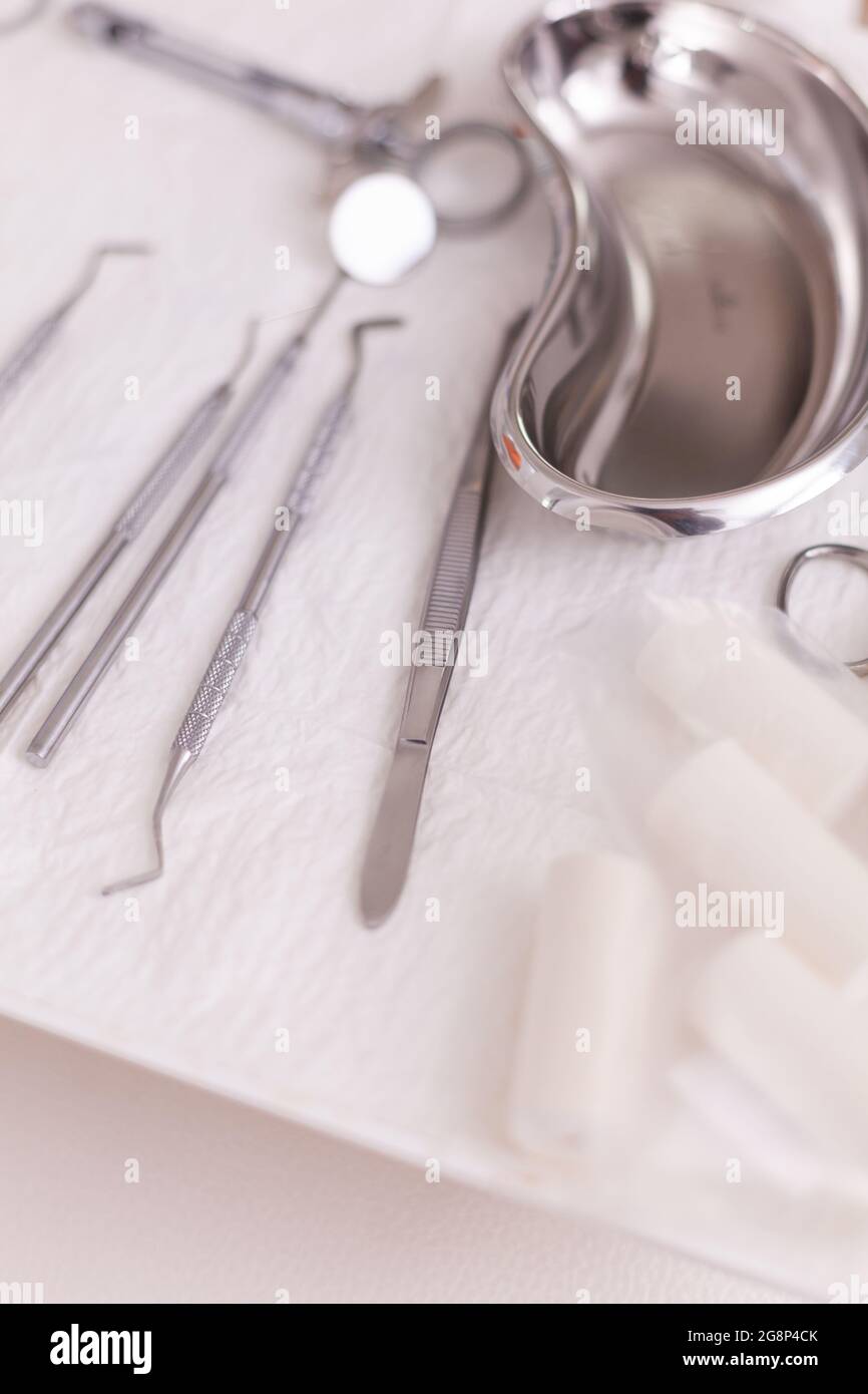 Close up of oral dental instruments ready for dentistry teeth surgery ...