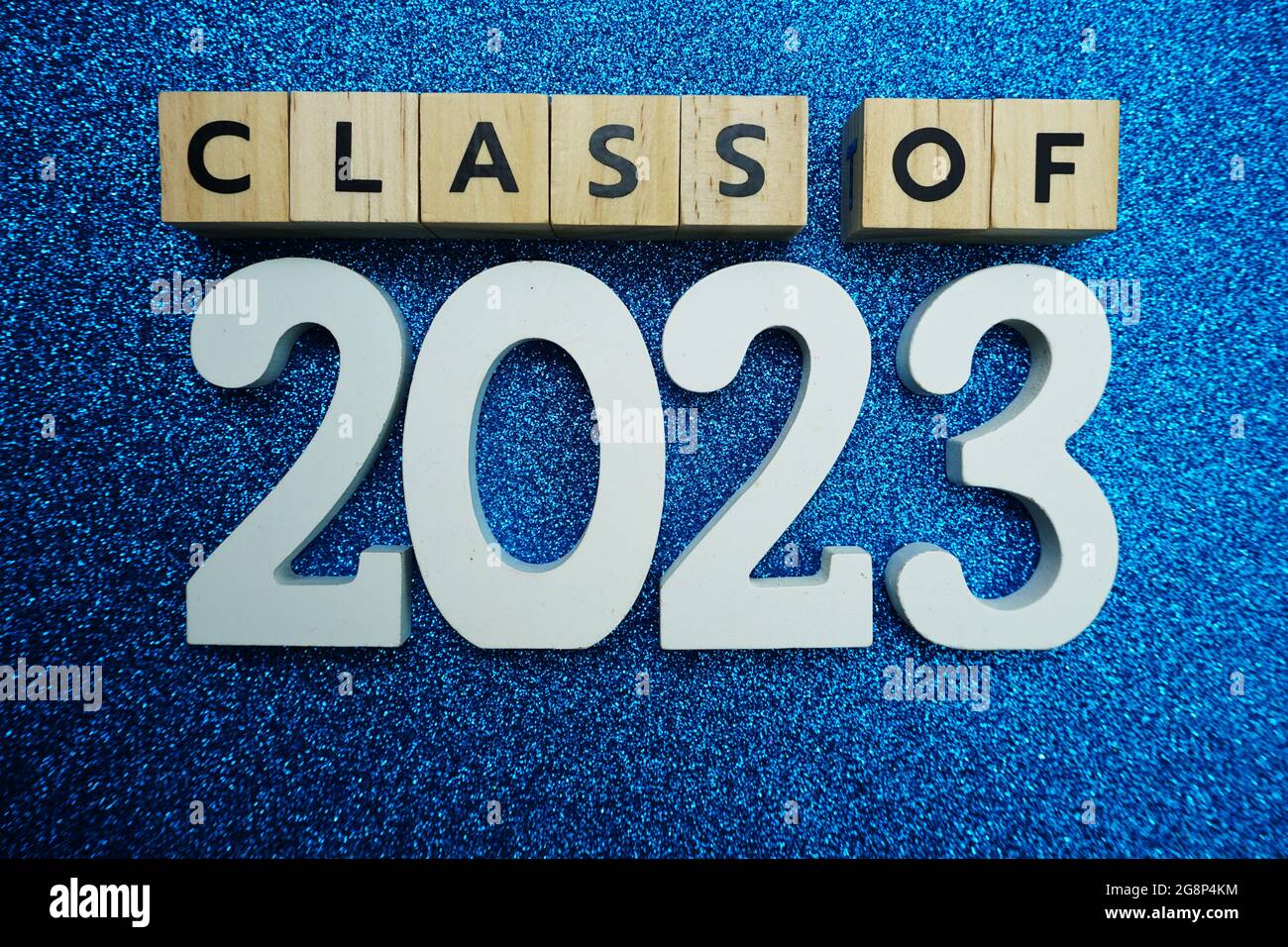 Class of 2023 word alphabet letters on blue glitter background Stock ...