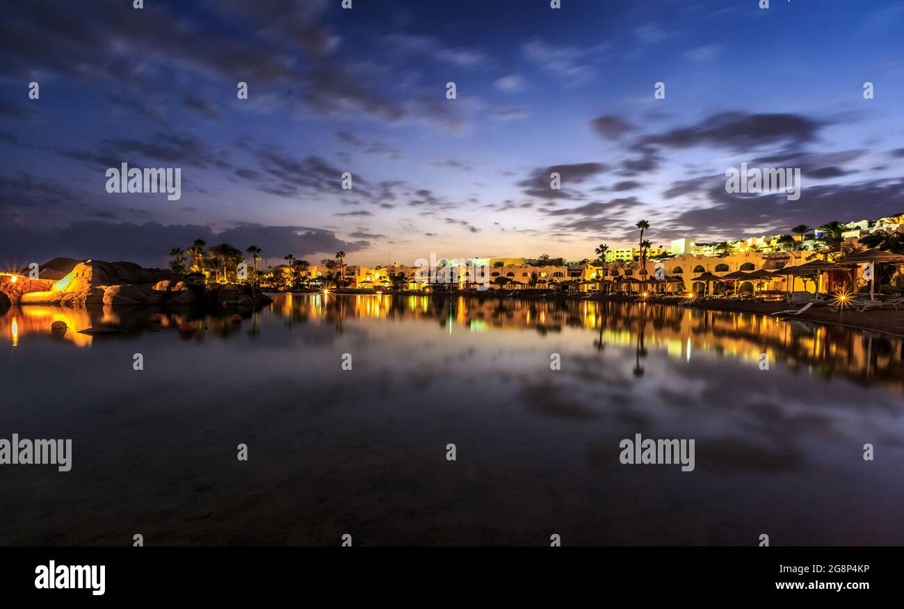 Evening view from sea for luxury hotel in night illumination Stock ...