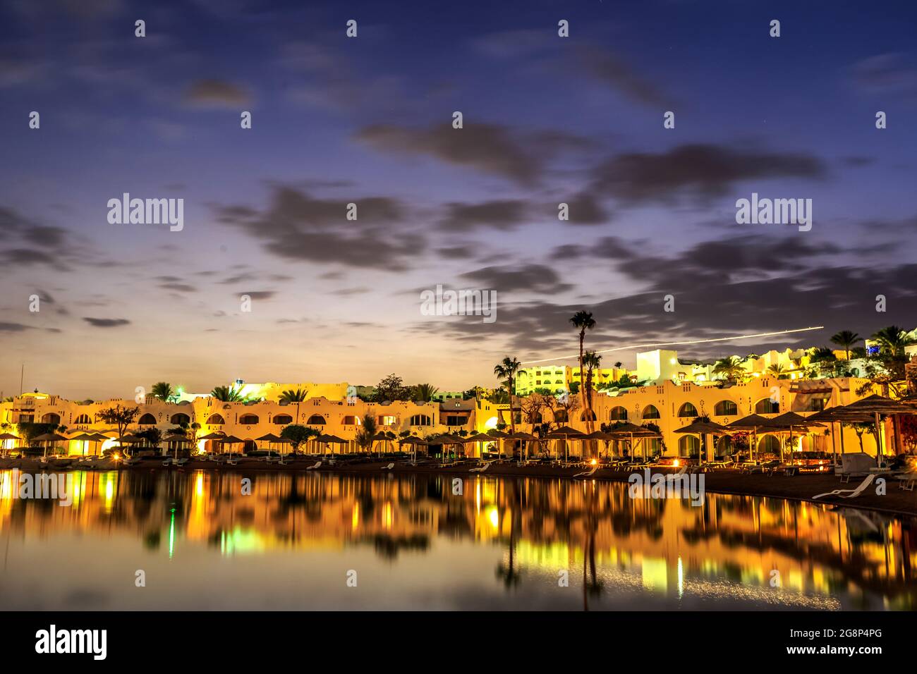Evening view from sea for luxury hotel in night illumination Stock ...