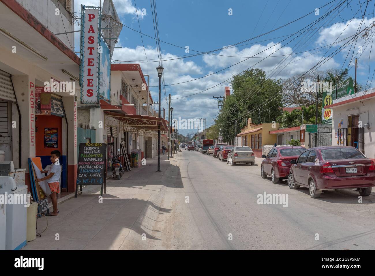 Commercial street with shops and restaurants, Bacalar, Quintana Roo ...