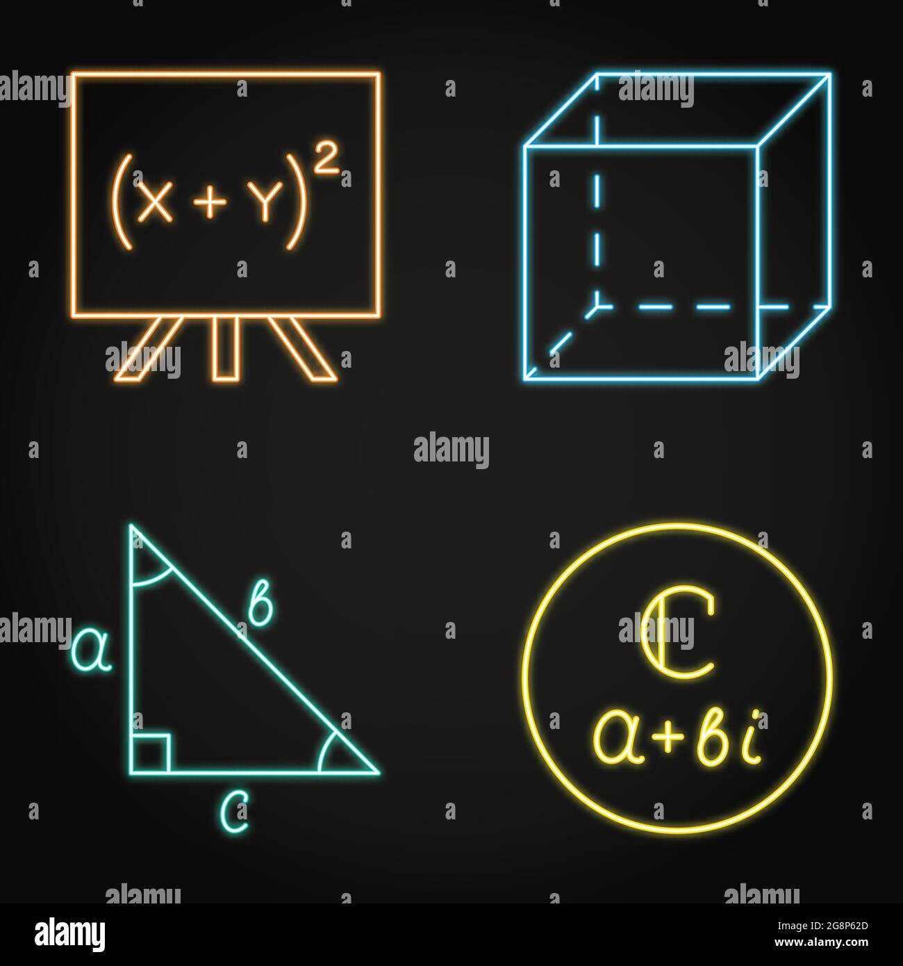 Neon mathematics icons set in line style. Algebra expressions, geometry ... Neon mathematics icons set in line style. Algebra expressions, geometry ...