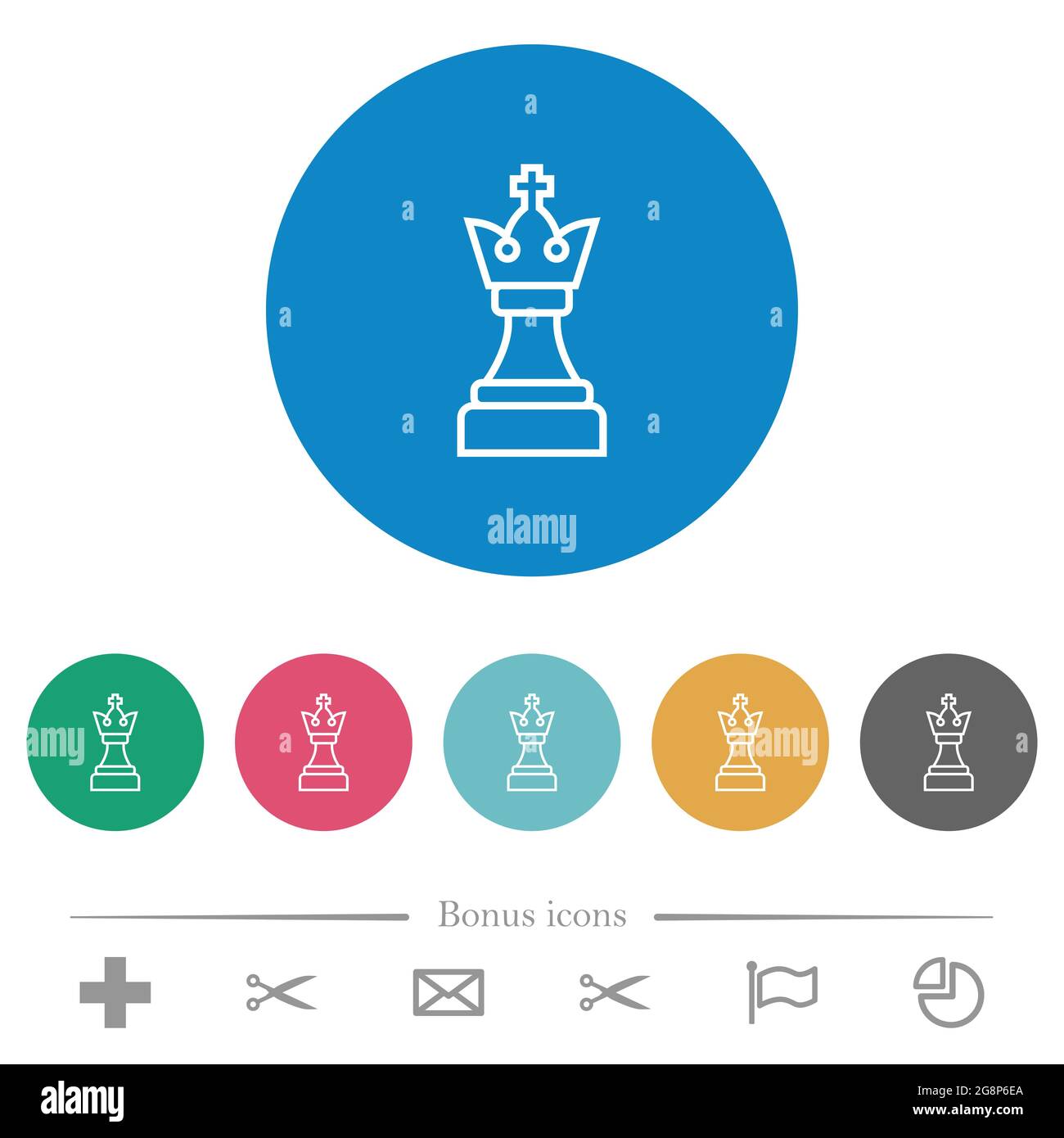 White chess king flat white icons on round color backgrounds. 6 bonus ...