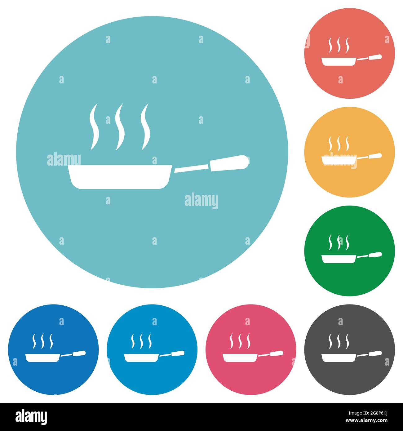 Steaming frying pan side view flat white icons on round color ...