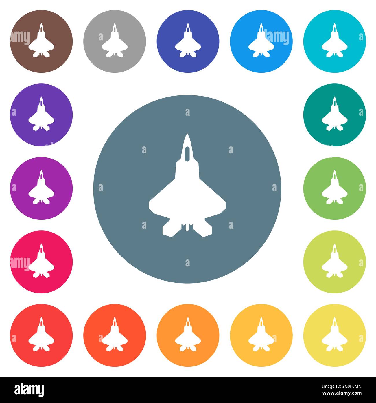 Jet fighter silhouette flat white icons on round color backgrounds. 17 background color ...