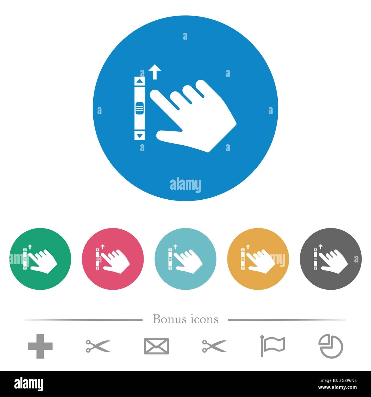 Right handed scroll up gesture flat white icons on round color ...