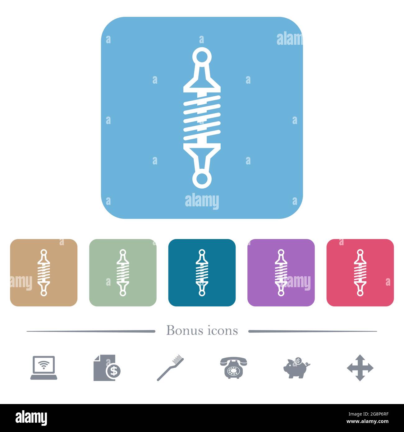 Shock absorber outline white flat icons on color rounded square backgrounds. 6 bonus icons ...
