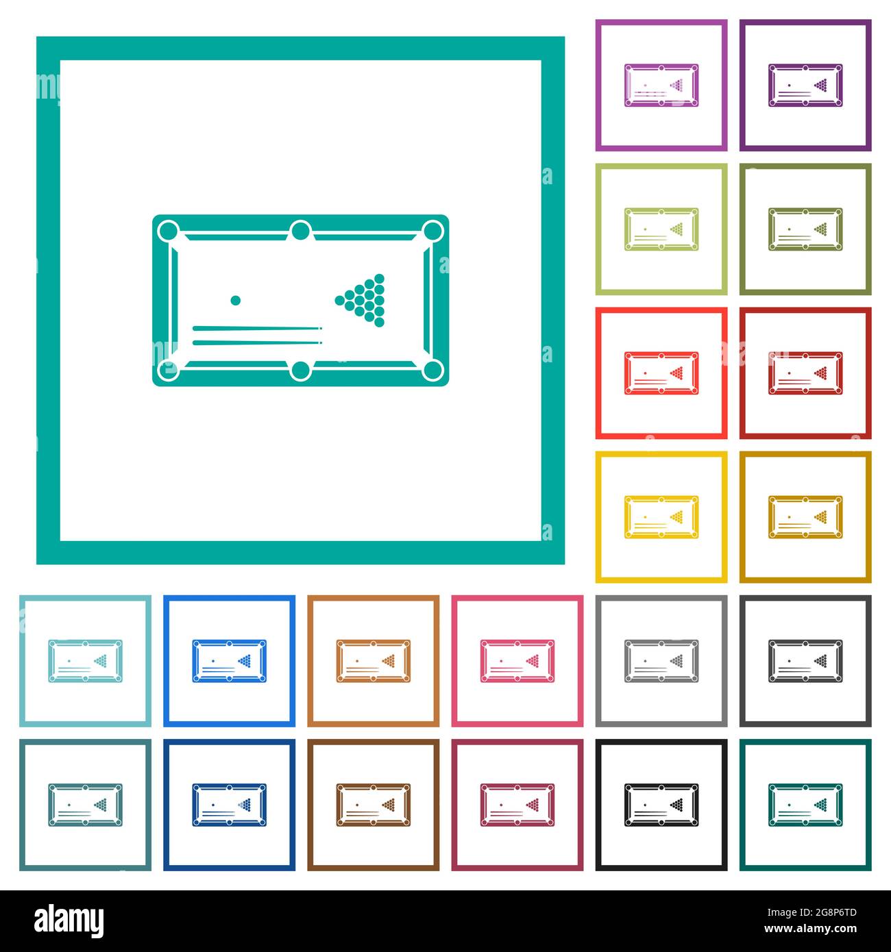Billiard game with balls and cues flat color icons with quadrant frames ...