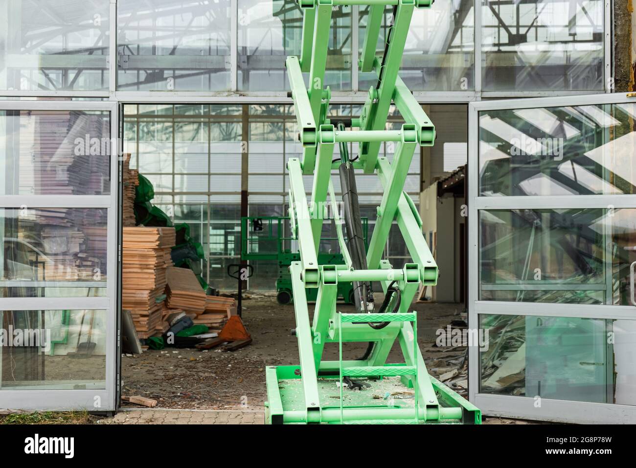 Scissor Lift Platform with hydraulic system at a construction site ...