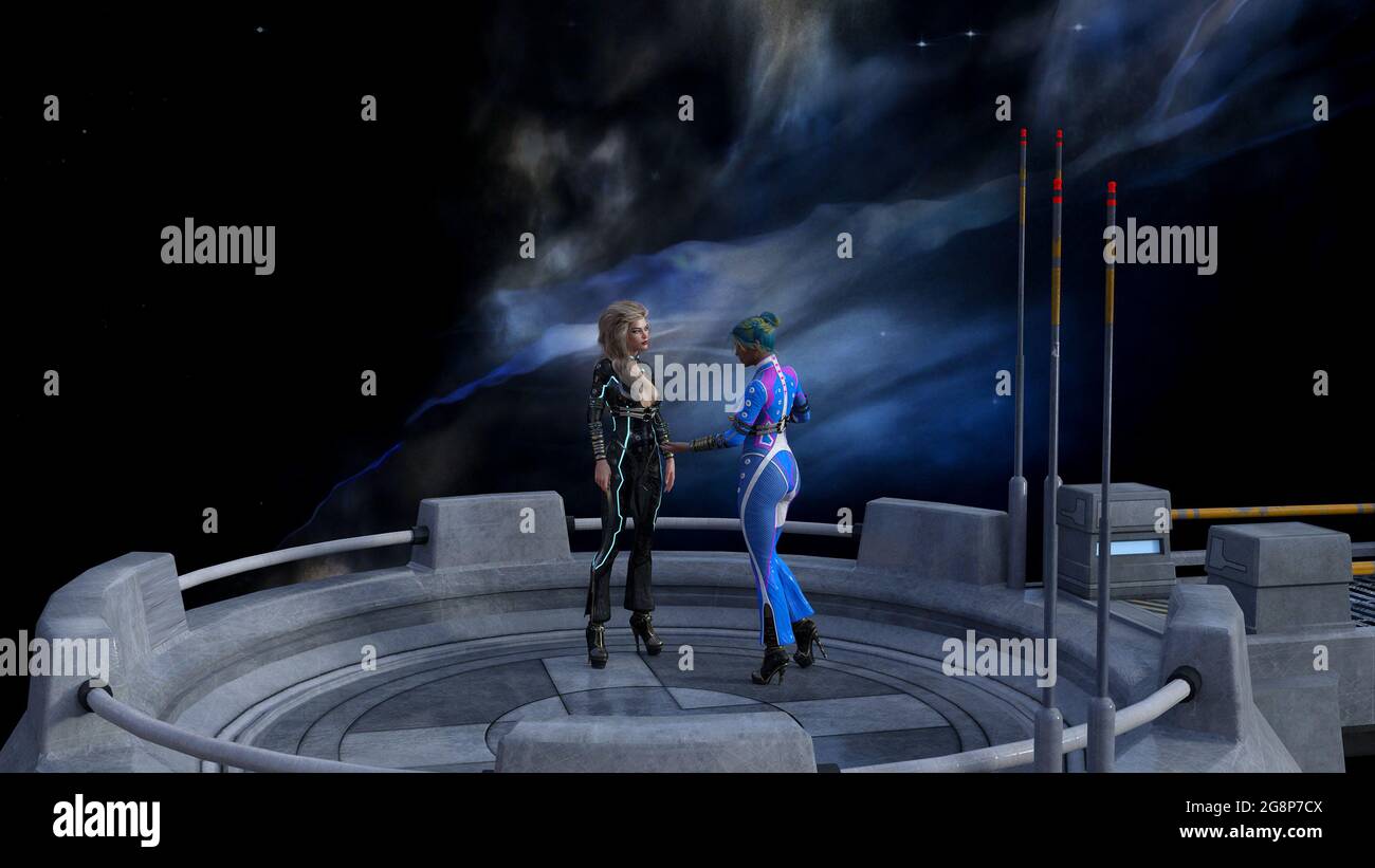3d illustration of two women talking on a platform in space with a ...