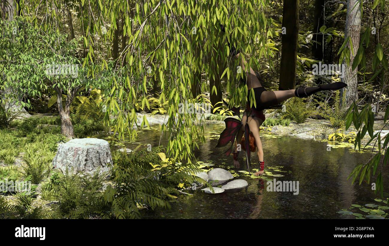 3d illustration of a winged fairy doing a cartwheel over a stream ...