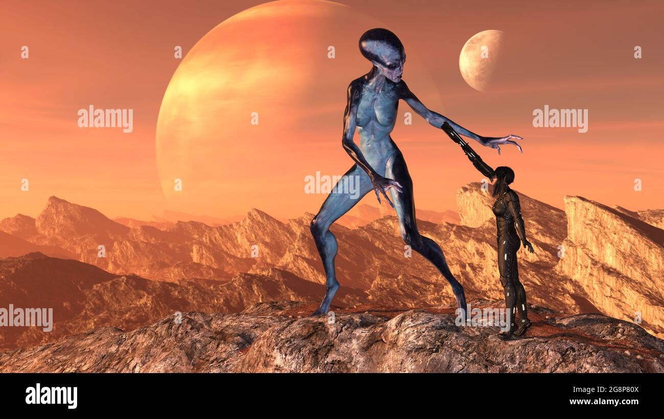 Wide 3d illustration of a futuristic female soldier pointing her weapon ...