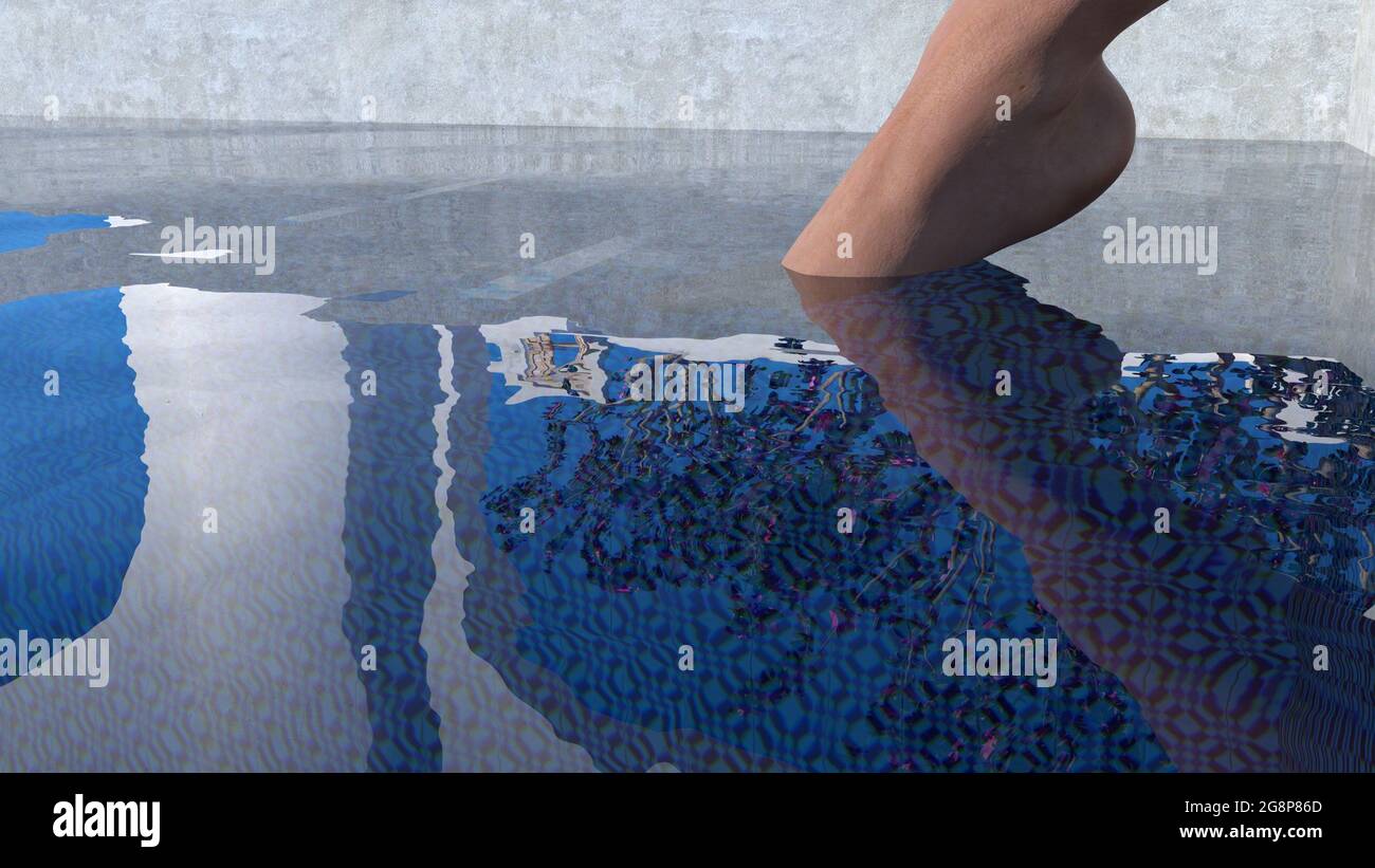 3d illustration of a female foot dipping toes into a swimming pool with ...