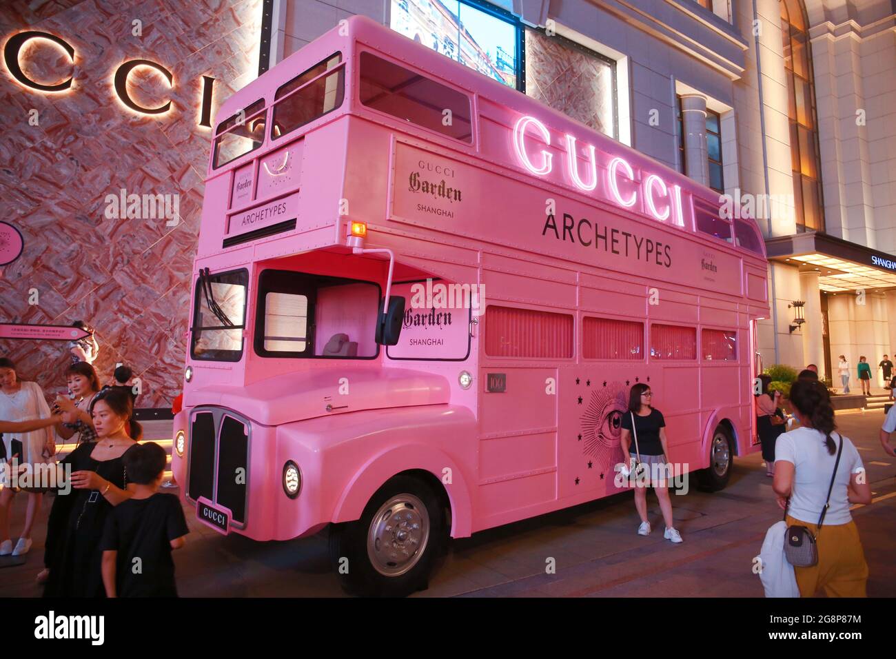 SHANGHAI, CHINA - JULY 21, 2021 - A GUCCI Retro Bus for fashion fans is ...