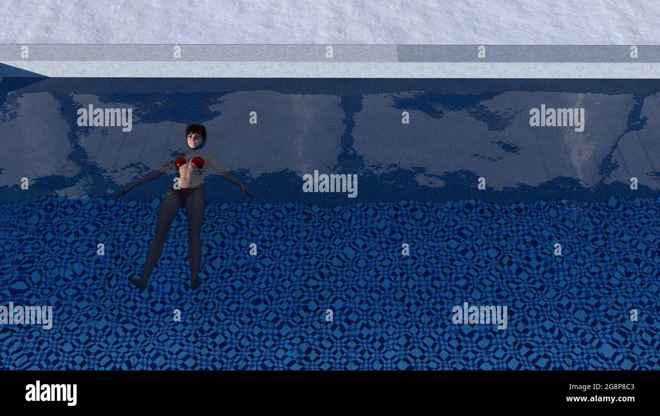 Overhead view 3d illustration of a woman with short dark hair in a red ...