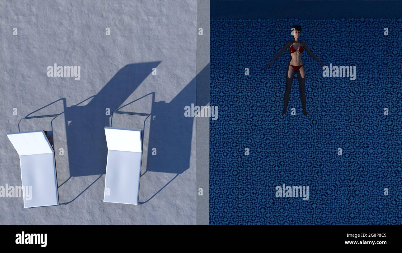 Overhead view 3d illustration of a woman with short dark hair in a red ...