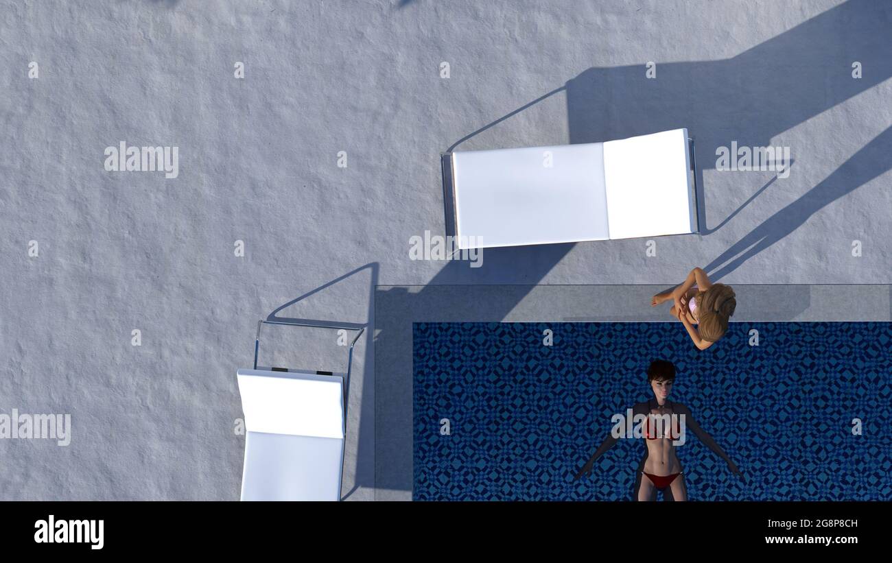 Overhead view 3d rendering of a woman with light brown hair in a pink ...