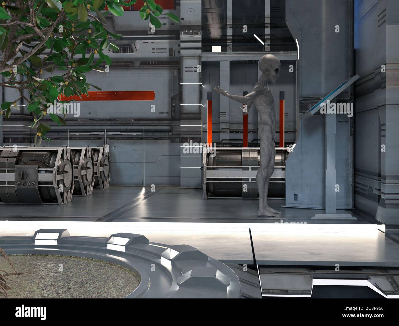 3D illustration of a gray alien arguing with a computer monitor in an ...