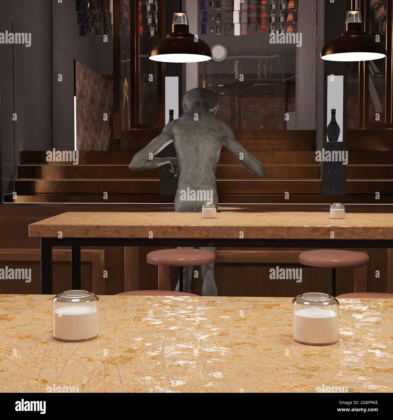 3d illustration of a grey alien back to leaning over a bar and looking ...