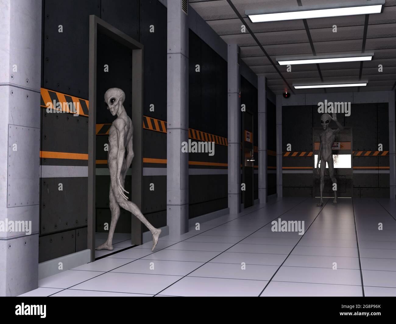 3d illustration of an alien waving to get another aliens attention in a ...