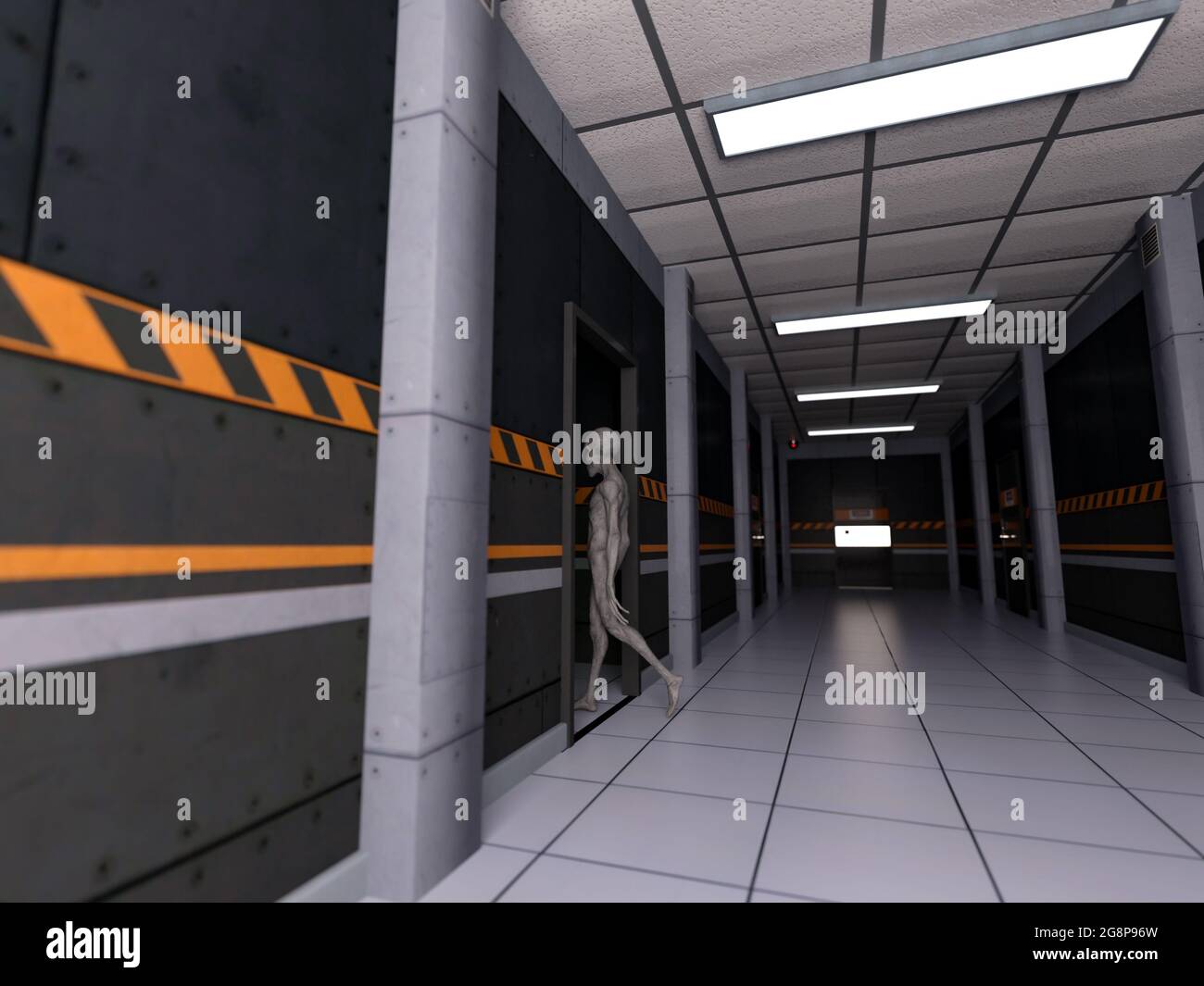 3d illustration of an alien walking through a doorway in a corridor ...