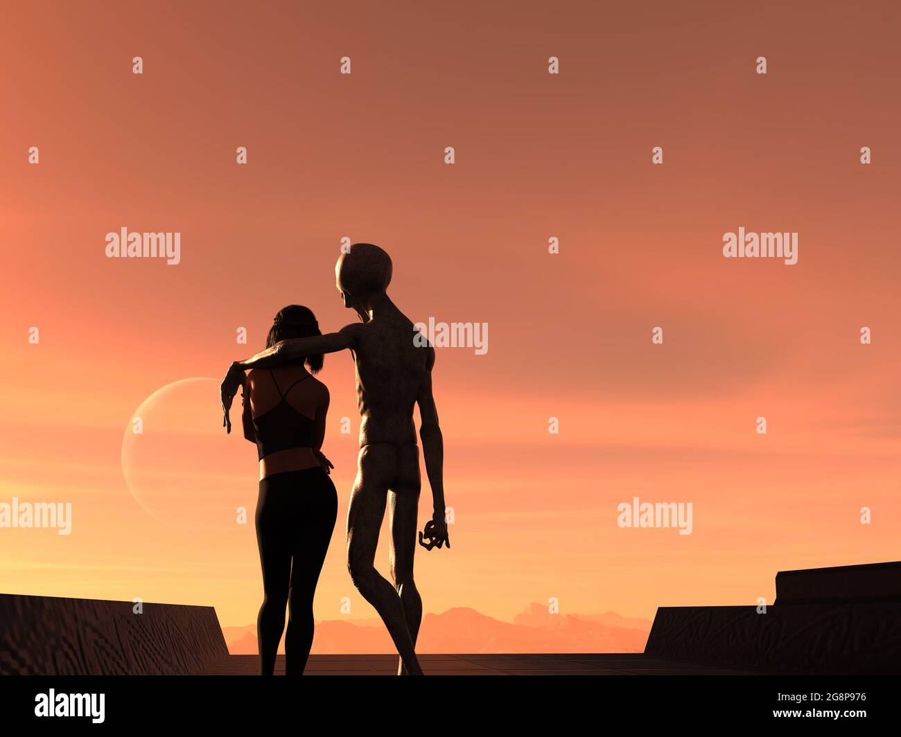 3d illustration of a grey alien and a woman watching a sunrise on an ...