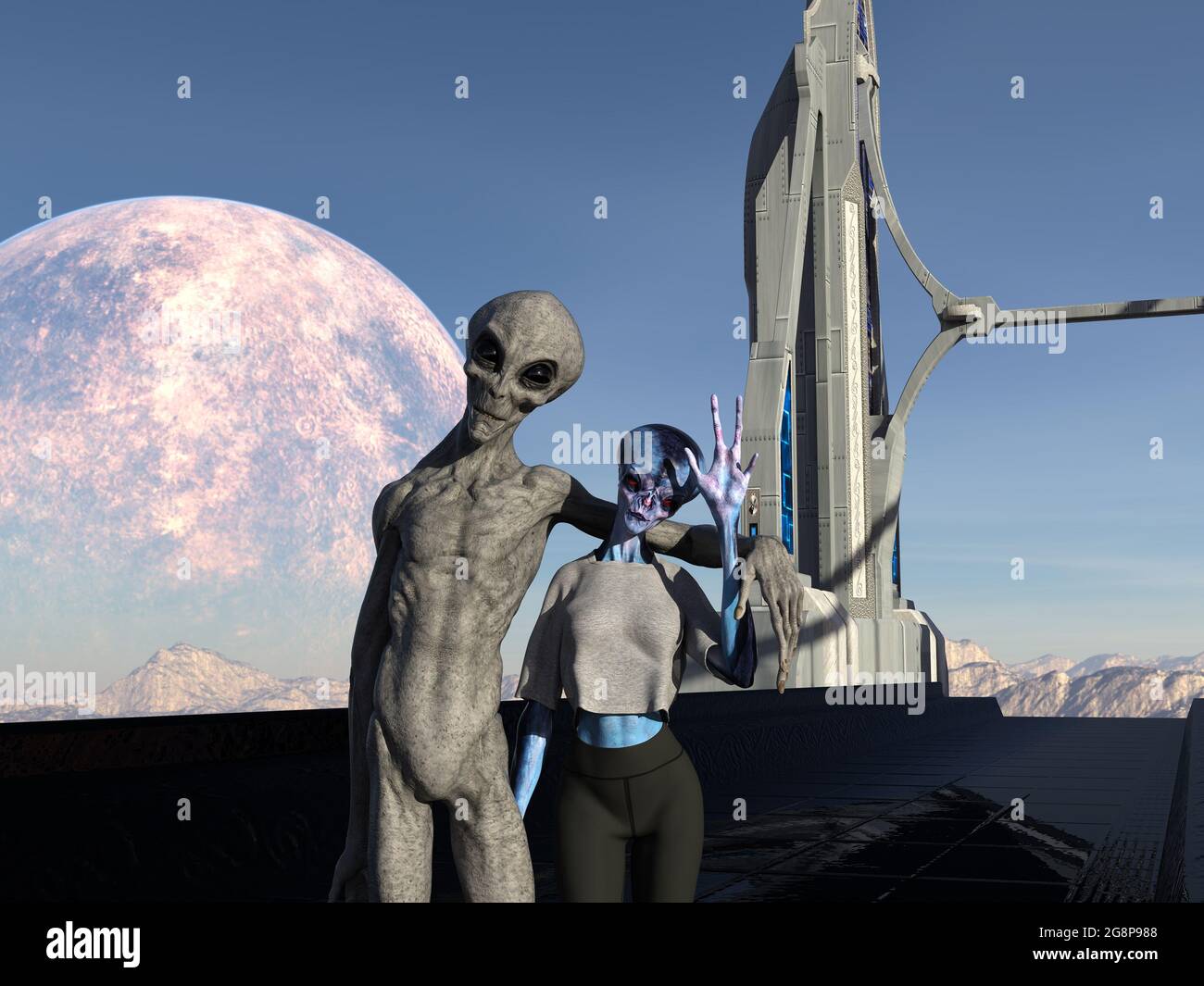 3d illustration of a grey alien standing close to a blue skinned female ...