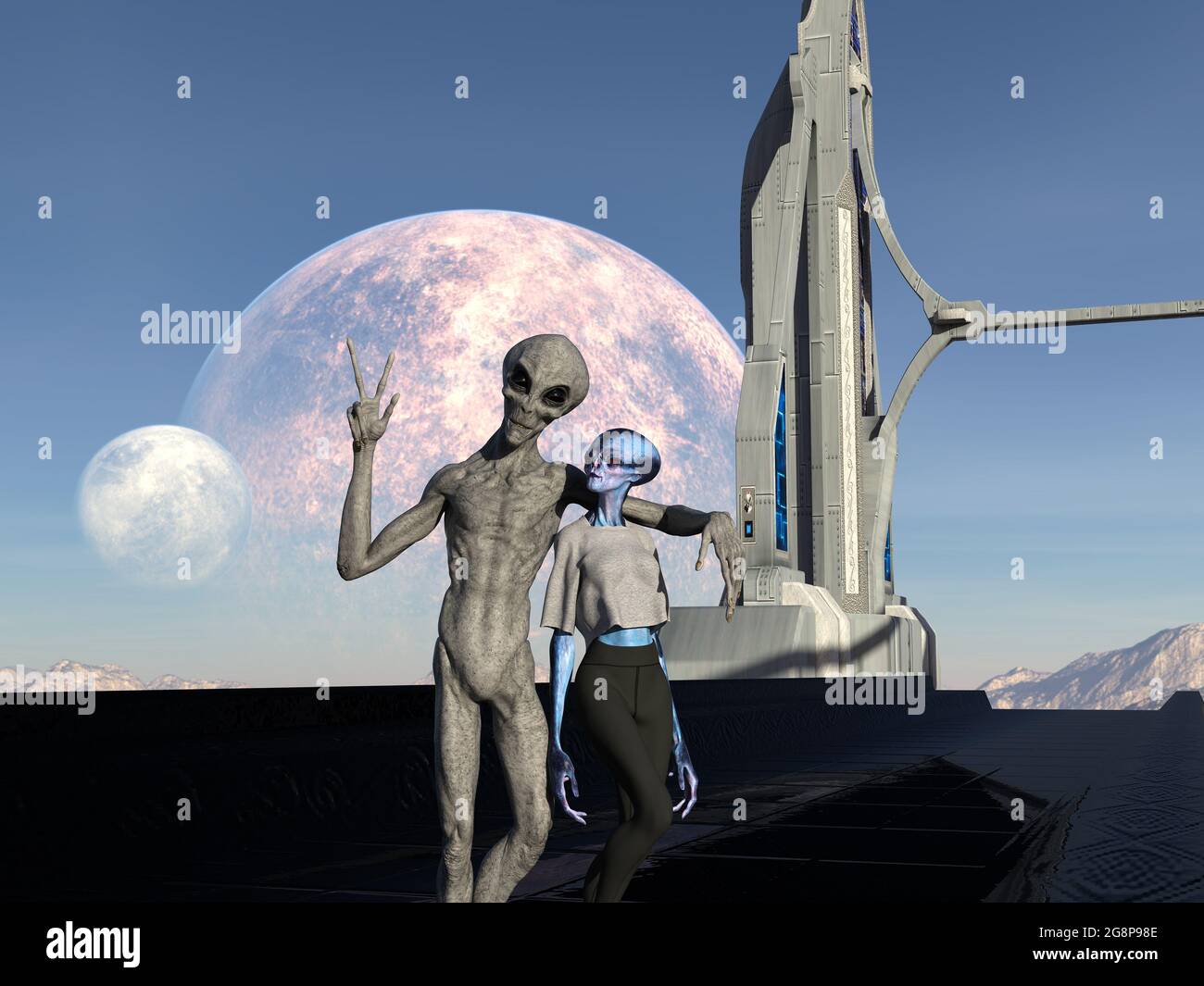 3d illustration of a grey alien showing a peace sign while standing ...