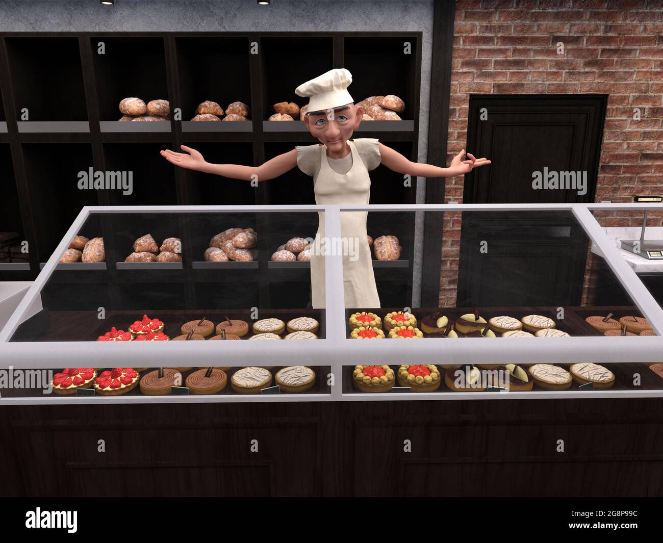 3d illustration of a baker in a bakery with his arms out behind the ...