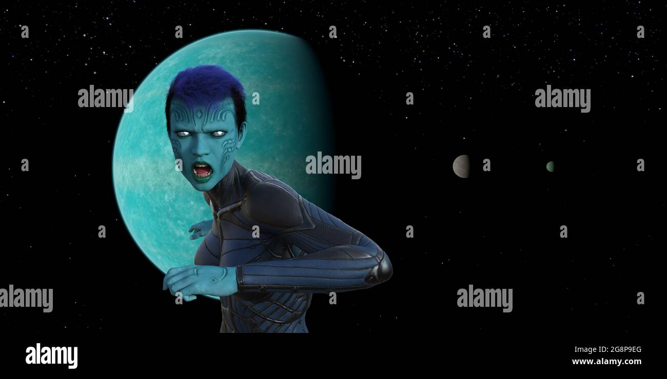 3d illustration of an angry blue skin alien with facial carving and ...