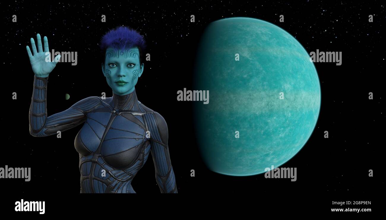 3d illustration of a blue skin alien with facial carving waving with a ...