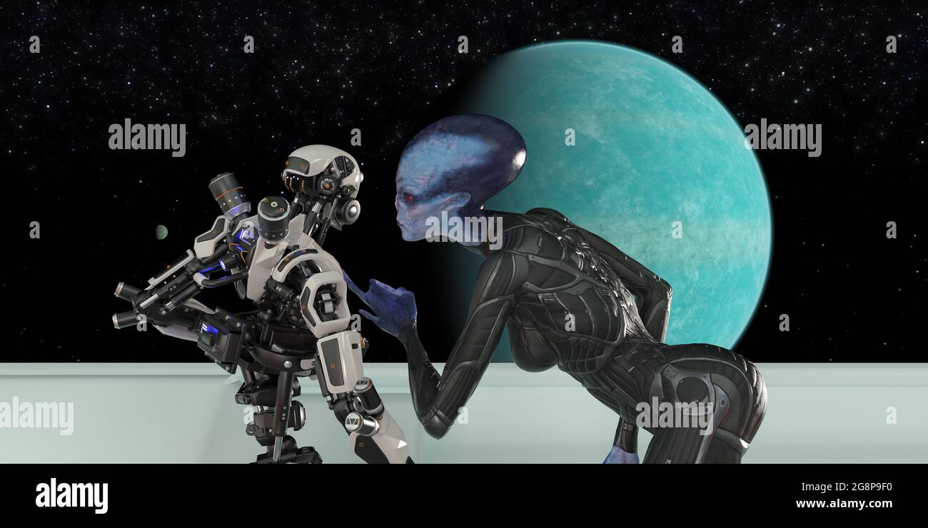 3D illustration of a blue skin alien talking to a robot with a blue ...