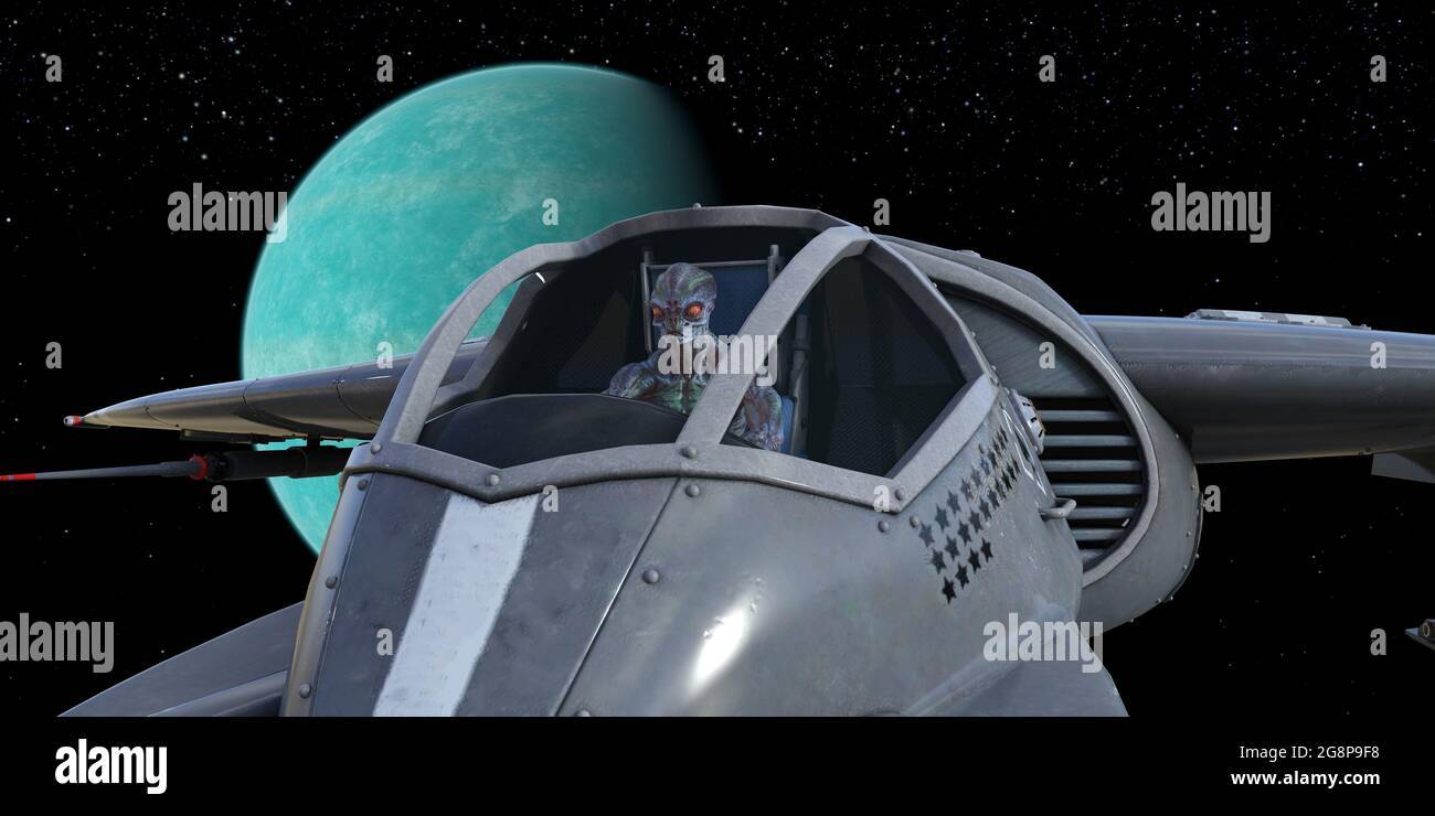 3d illustration of an alien piloting a spaceship in outer space with a ...