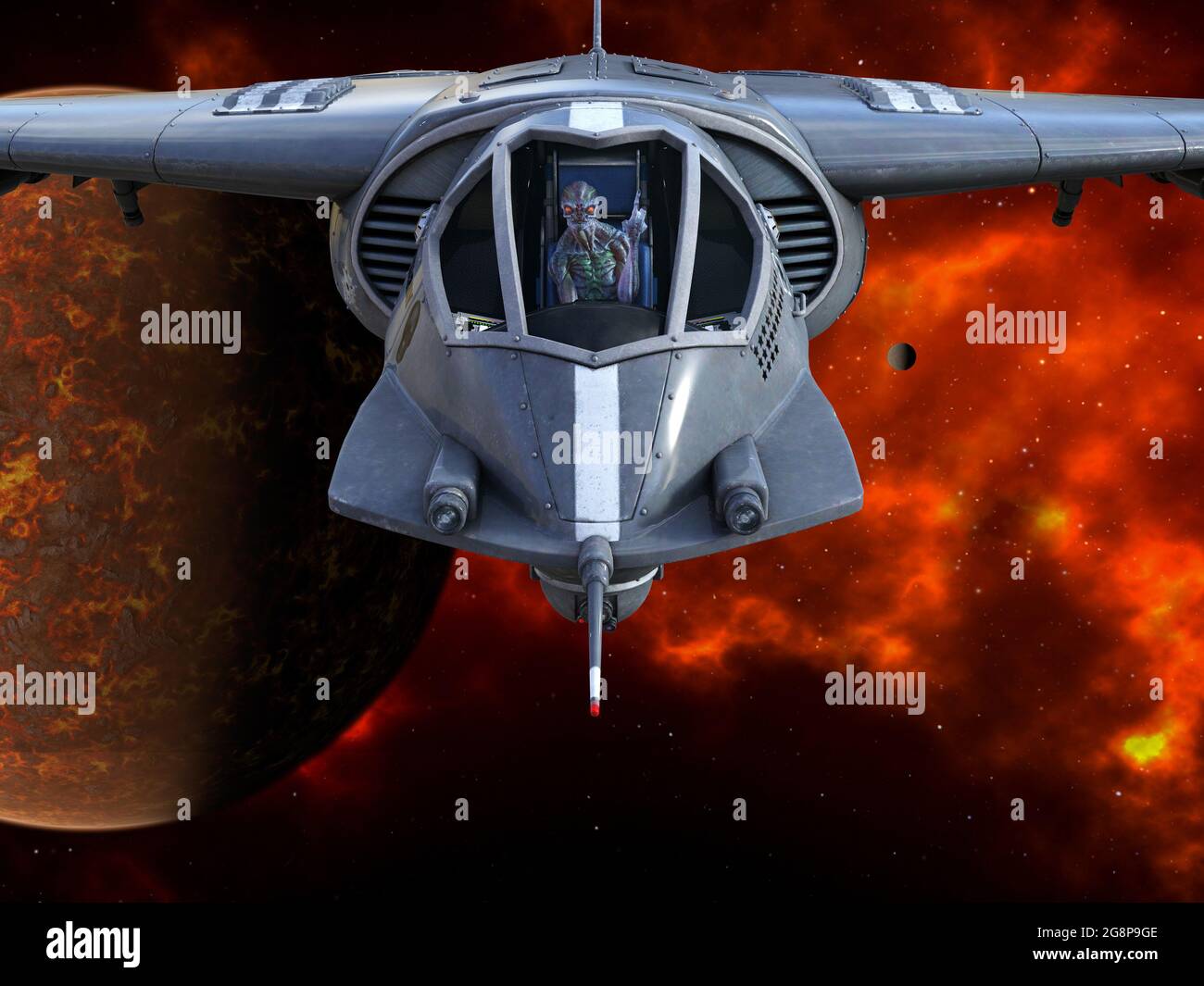 3d illustration of an alien piloting a spaceship showing a finger with ...