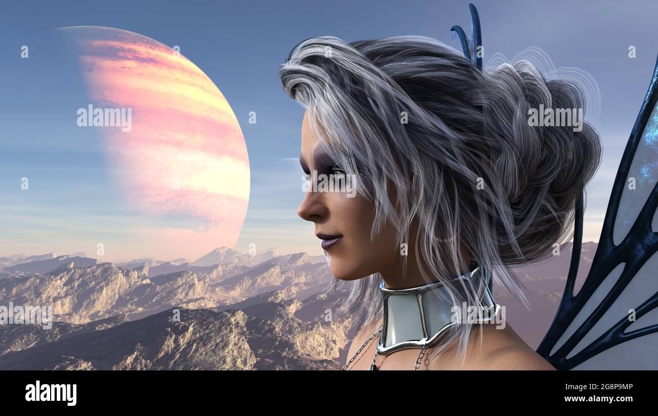 3d illustration of a beautiful winged fairy with blue wings white and ...