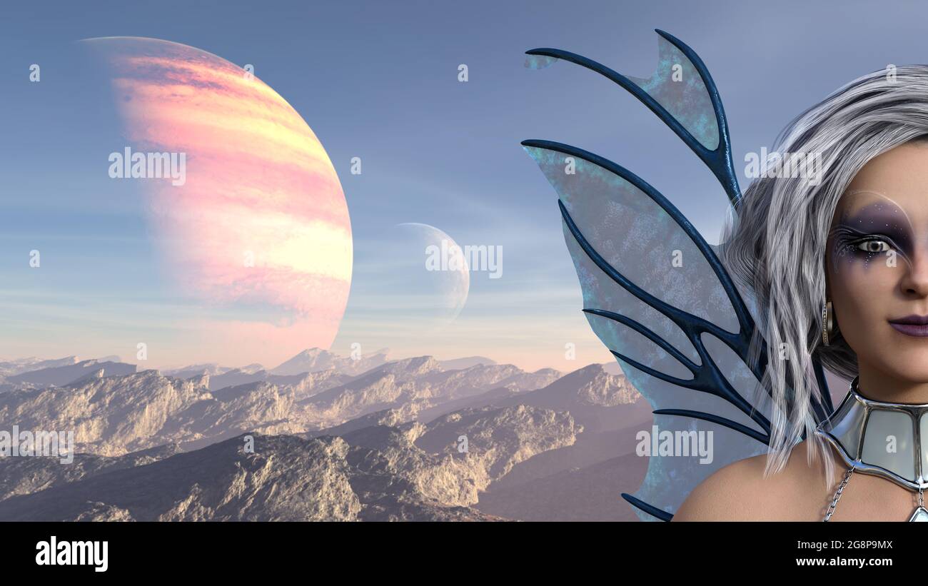 3d illustration of a beautiful winged fairy with blue wings white and ...