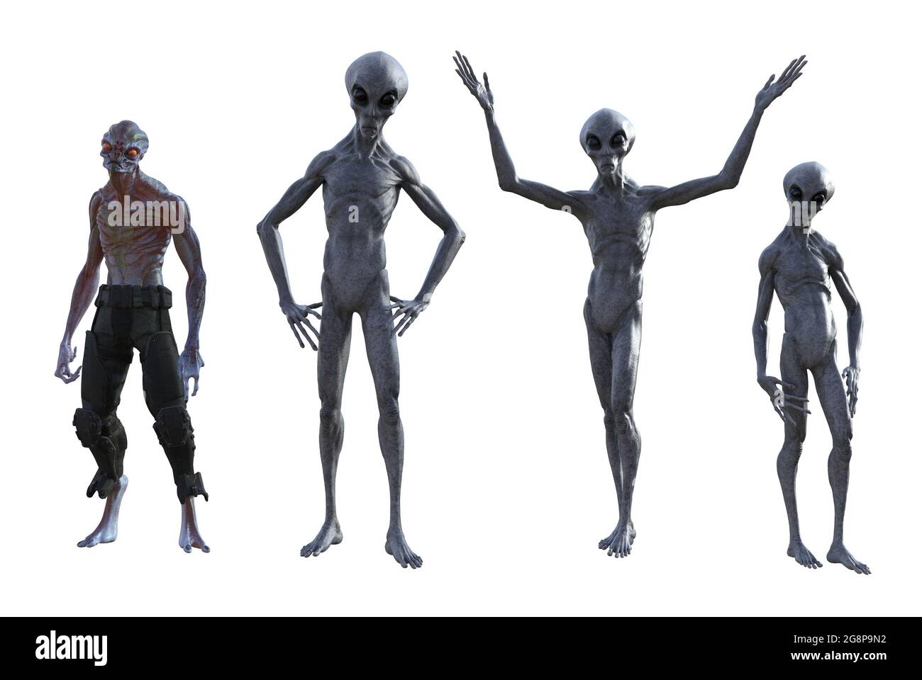3d illustration of a group of three gray aliens and another ...