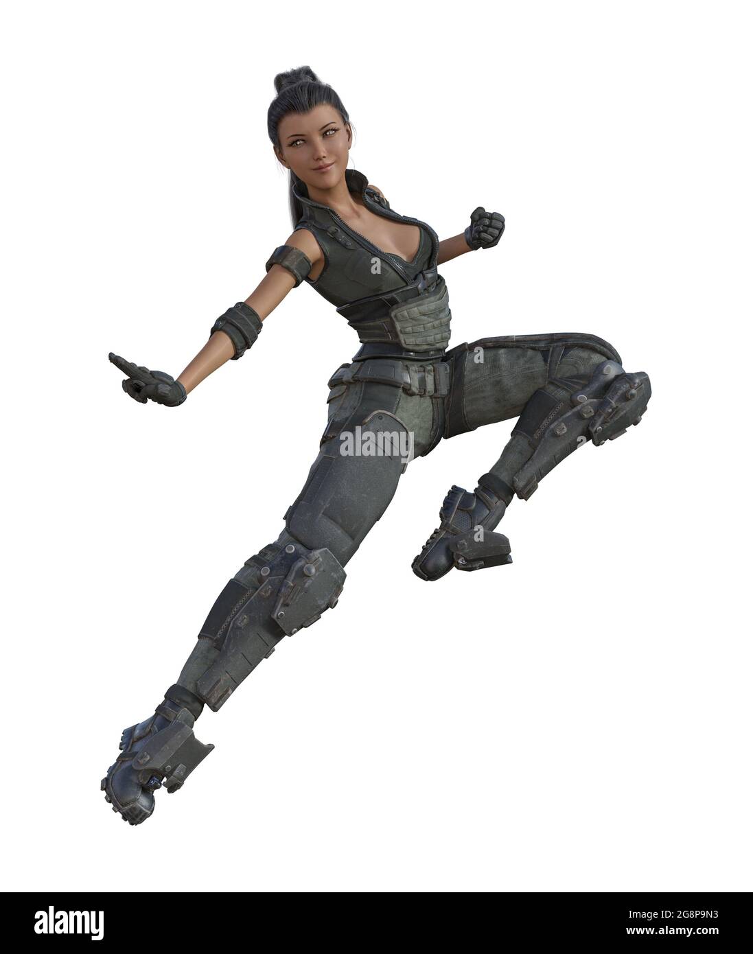 3d illustration of a woman in combat fatigues in a defensive pose with ...