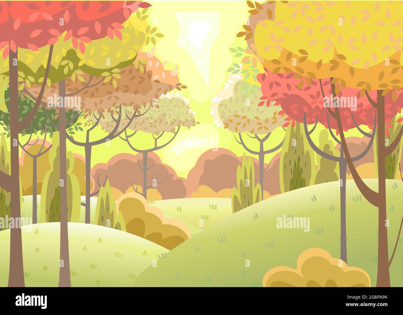 Forest. Funny beautiful autumn landscape. Distant horizon. Cartoon ...