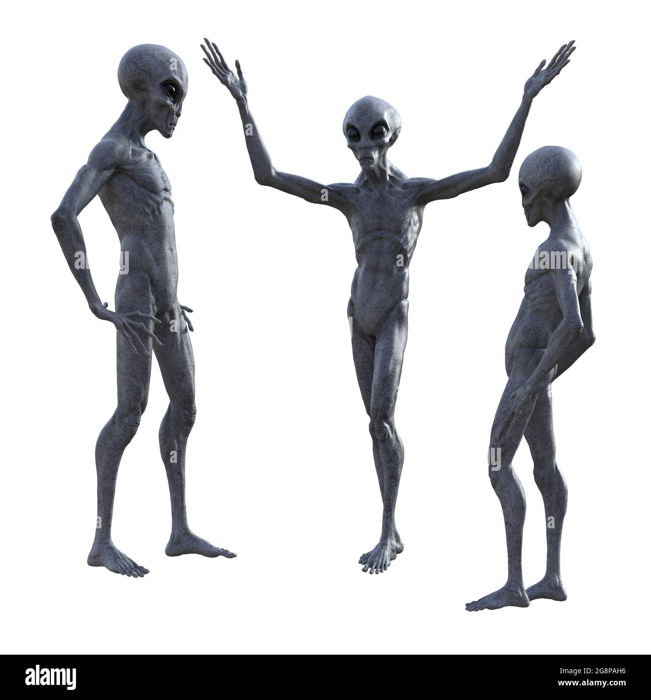 3d illustration of two gray aliens watching another extraterrestrial ...