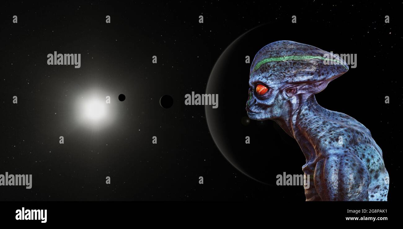 3d illustration of an ugly alien with a pointed skull and orange red ...