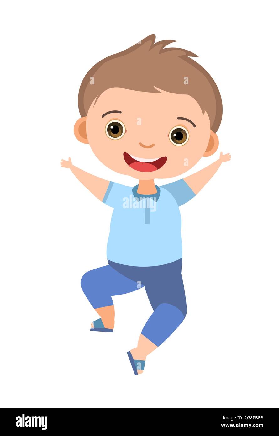 Child funny. Little boy. In fashionable clothes. Kid jumps for joy ...