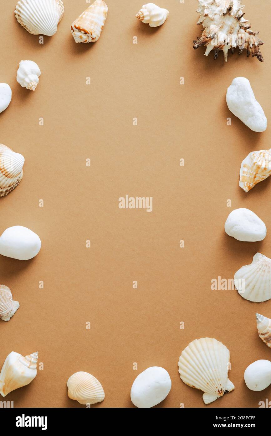 Frame made of seashells on sand color background. Summer, vacation ...