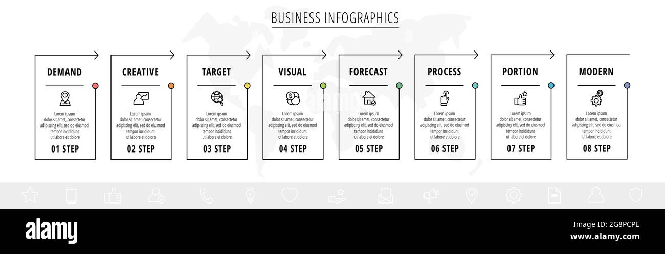 Line minimal infographics timeline with eight steps rectangle elements ...
