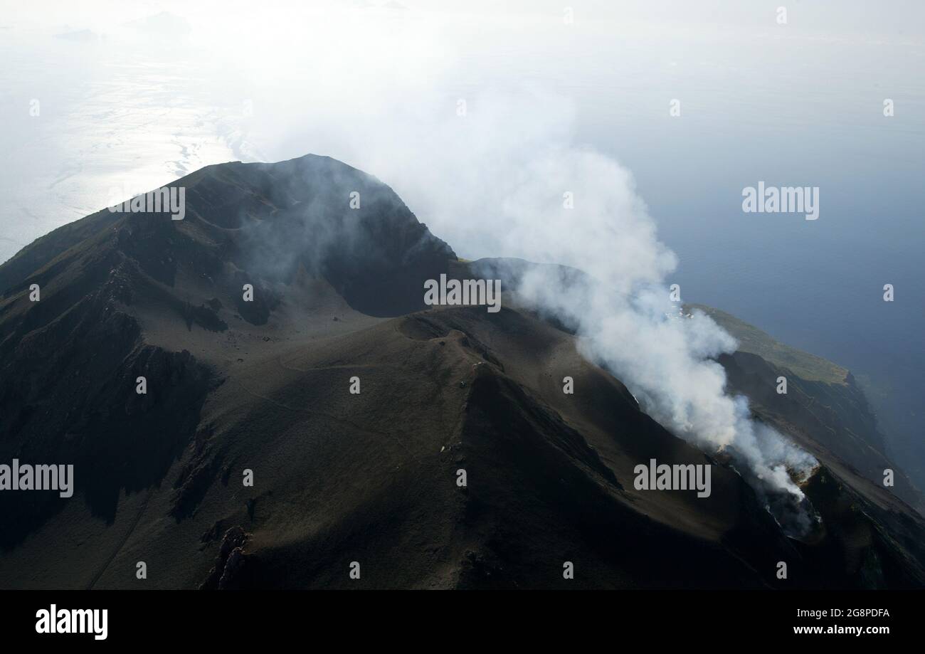 Aerial View, volcano summit crater, Stromboli island, Mediterranean sea ...