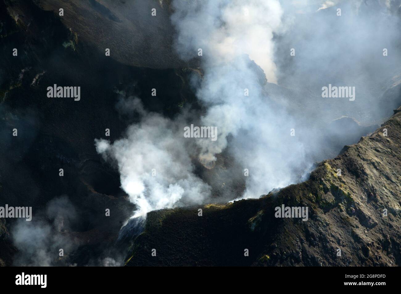 Aerial View, volcano summit crater, Stromboli island, Mediterranean sea ...