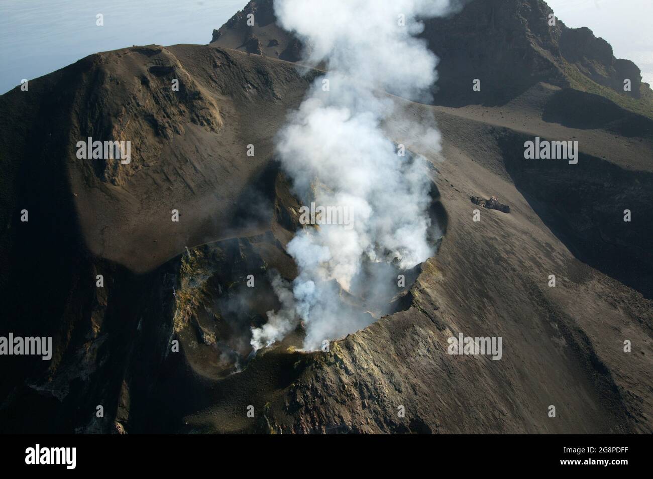 Aerial View, volcano summit crater, Stromboli island, Mediterranean sea ...
