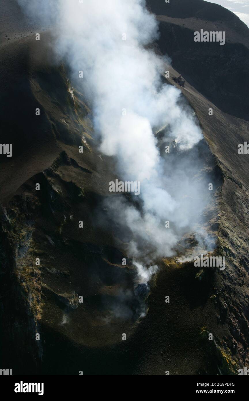 Aerial View, volcano summit crater, Stromboli island, Mediterranean sea ...
