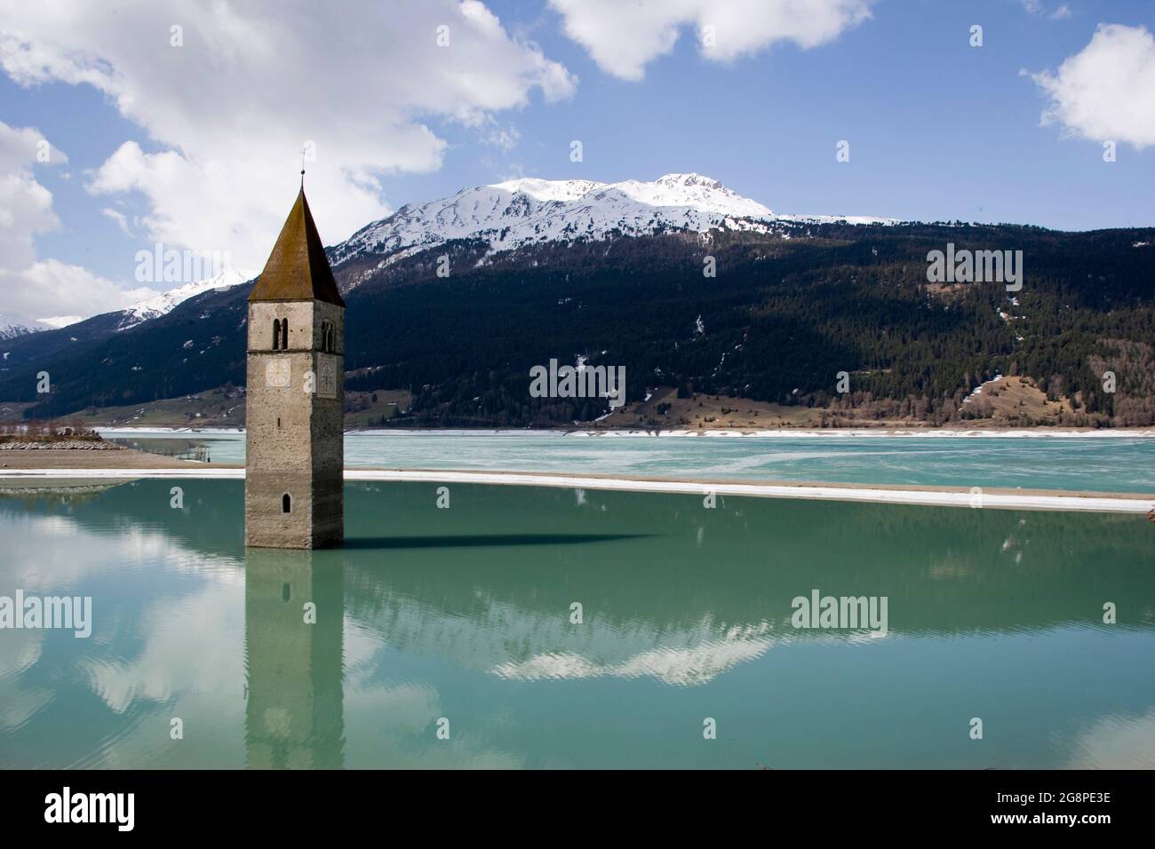 The bell tower in Reschensee, Lago di Resia, Lake Reschen, South Tyrol ...